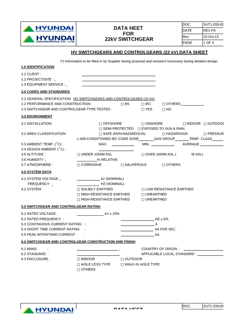 Attachment-1. Data Sheet For 22kV Switchgear | PDF | Electrical ...