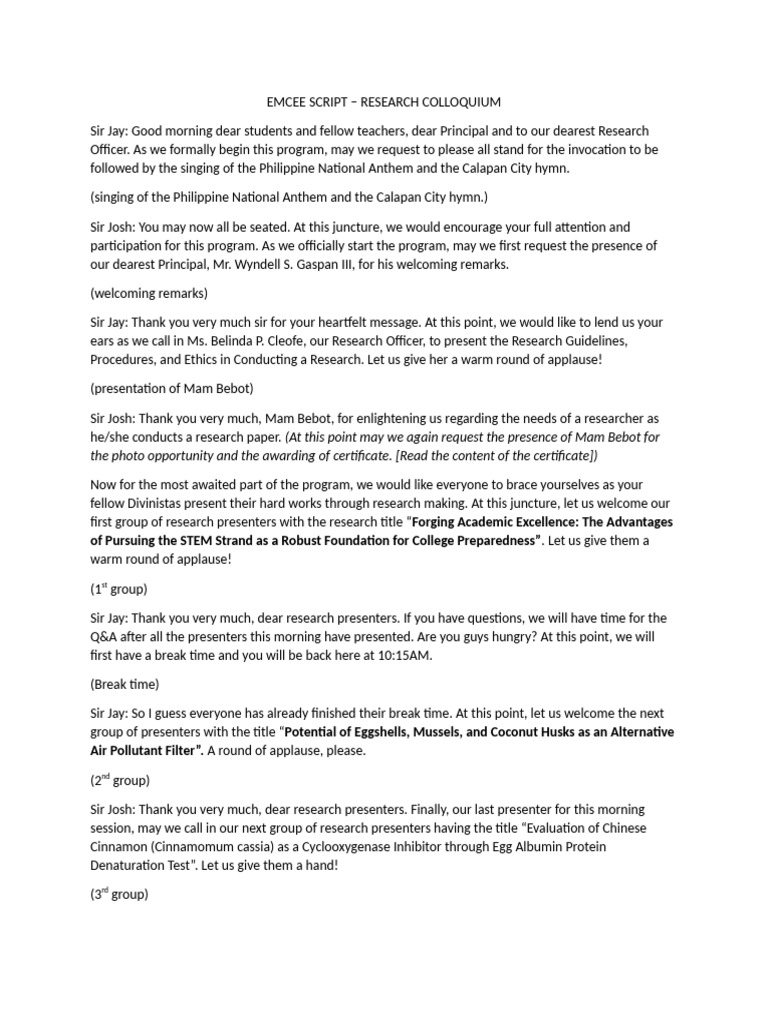 EMCEE SCRIPT Research Colloquium | PDF