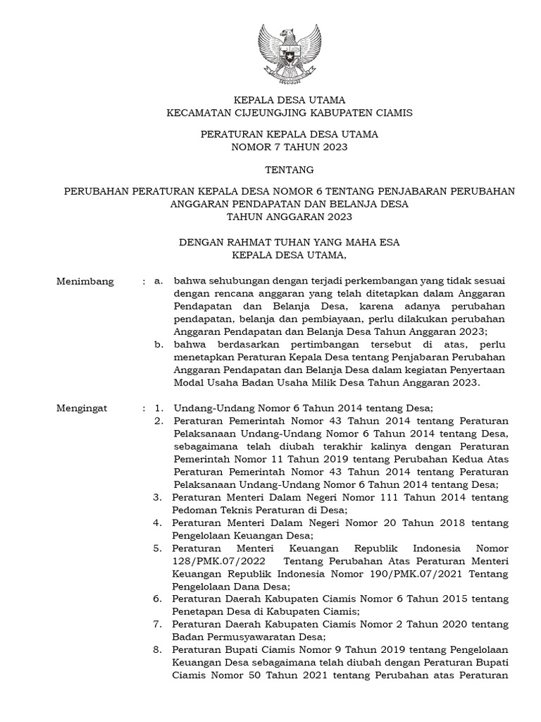 Perkades Perubahan Apbdes 2023 Sisa Siltap | PDF