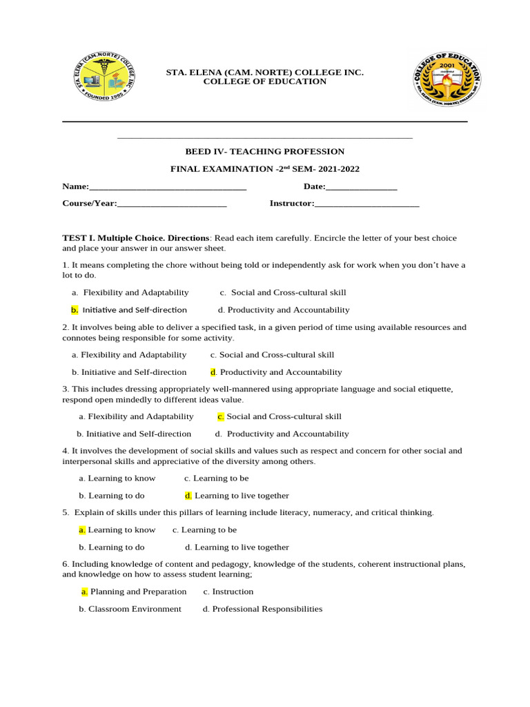 BEED IV Teaching Profession Final Exam | PDF | Teachers | Learning