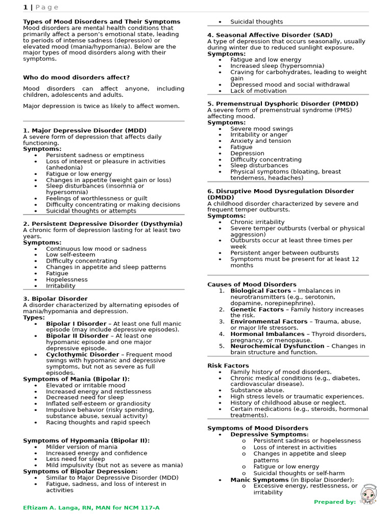 Mood Disorders: Types and Symptoms | PDF | Major Depressive Disorder ...