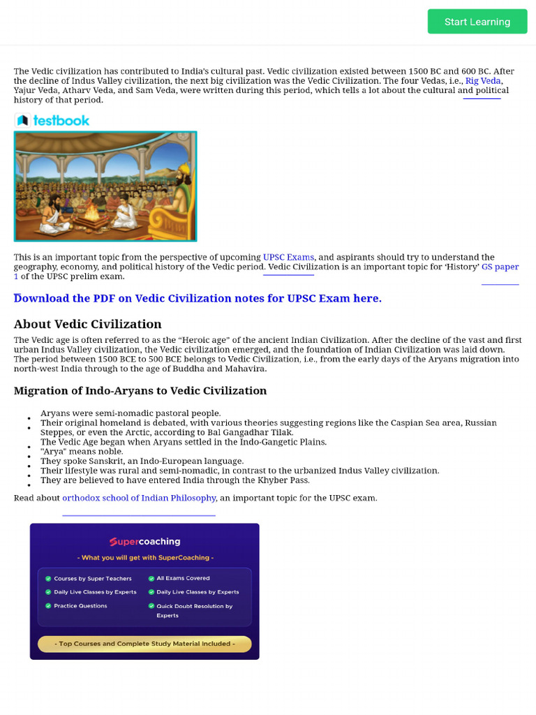 Vedic Civilization - Ancient History Notes For The UPSC Exams! | PDF