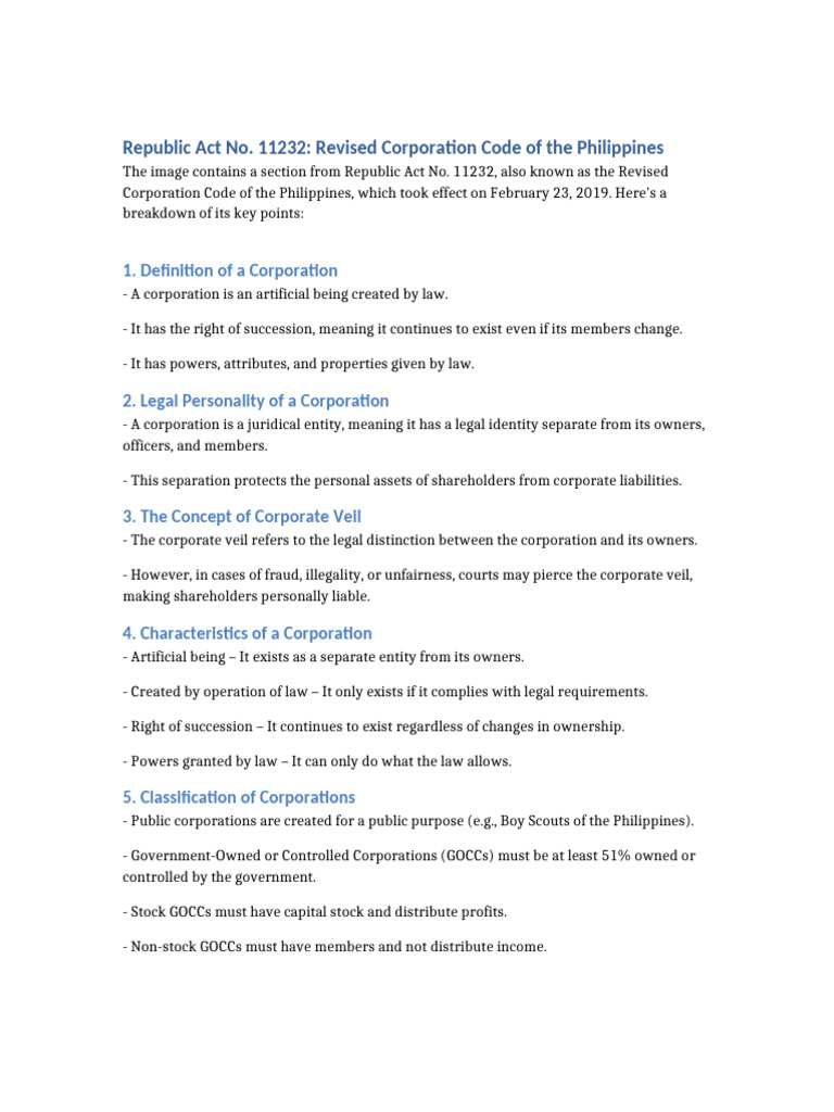 Revised Corporation Code Overview | PDF | Corporations | Piercing The ...