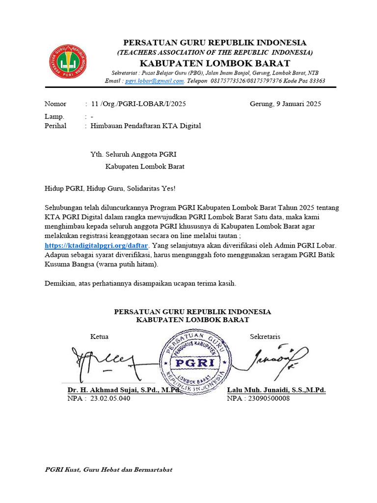 Himbauan Daftar KTA PGRI Digital - 11 | PDF