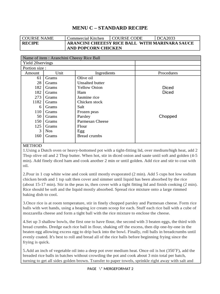 Standard Recipe AND Menu Tag | PDF | Chocolate | Chickpea
