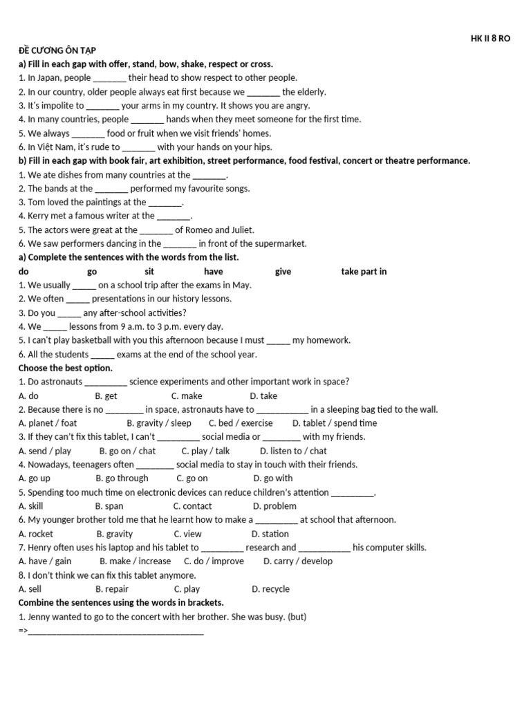 ĐỀ CƯƠNG HK2 RO 8 | PDF