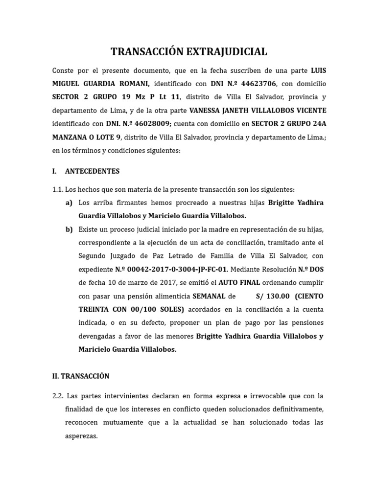 MODELO DE Transaccion Extrajudicial | PDF