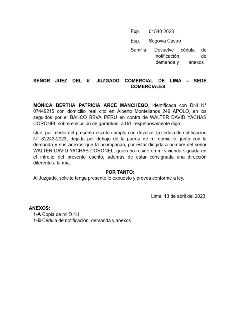 Escrito de Devolución de Cédula de Notificación 3 | PDF