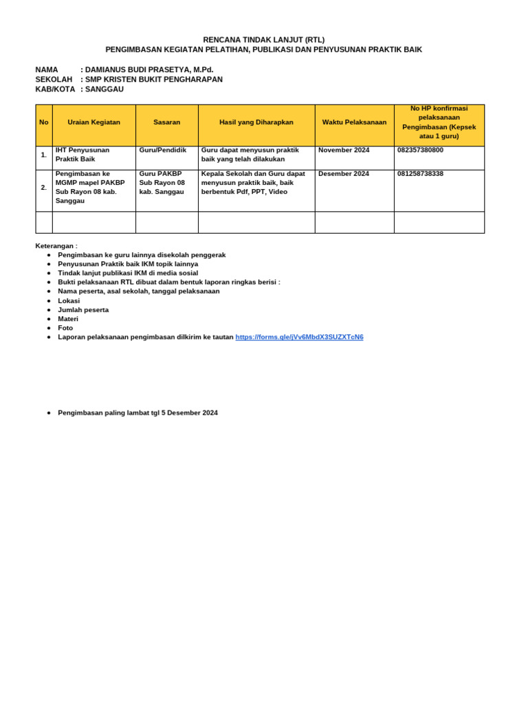 RTL Pengimbasan - D Budi Prasetya - PSP 3 SMPK Bukit Pengharapan | PDF