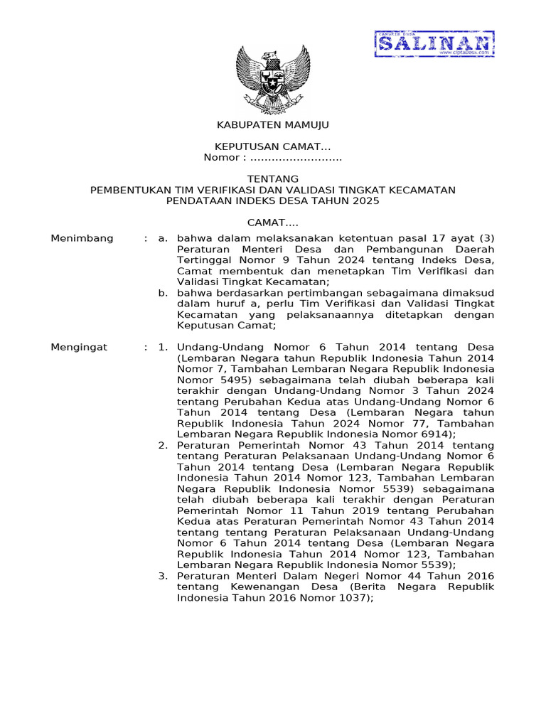 SK Tim Verifikasi Dan Validasi Tingkat Kecamatan - Indeks Desa 2025 | PDF