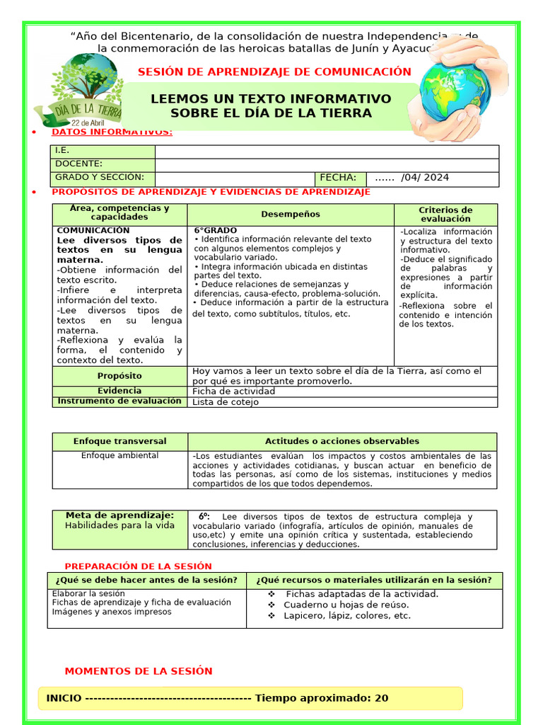SES-JUEV-FECHA CÍVICA-LEEMOS SOBRE EL DÍA DE LA TIERRA | PDF ...