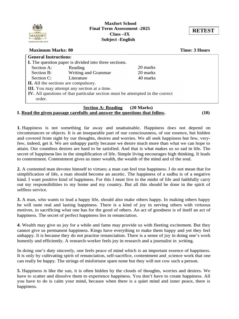 Ricky Retest Final Term Class 9 New | PDF | Marie Curie | Contentment