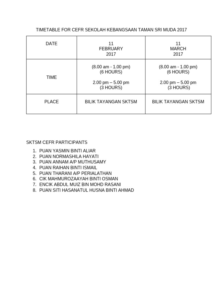 Cefr Timetable | PDF