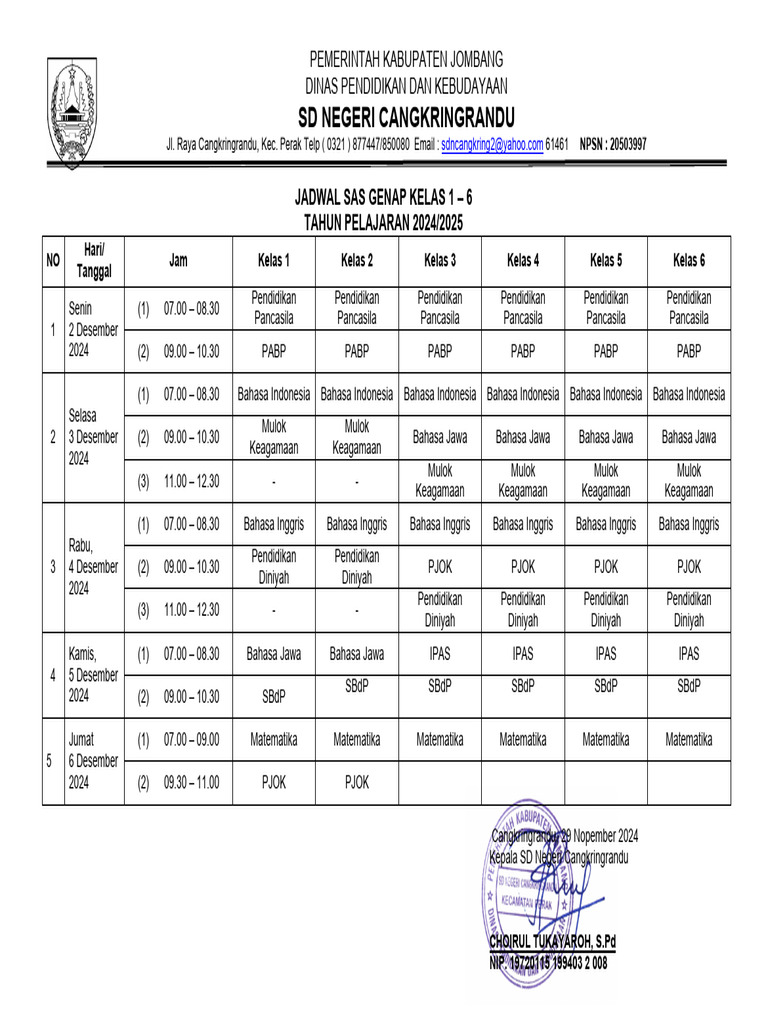 Jadwal Sas Ganjil 2024-2025 | PDF