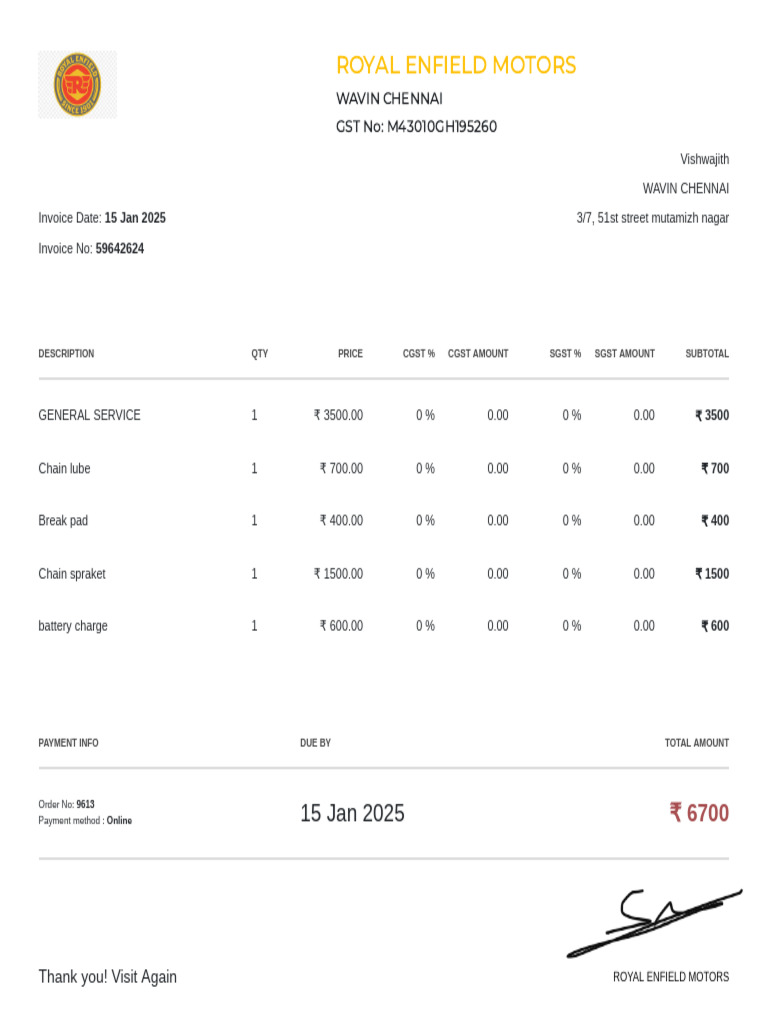 Royal Enfield Service Invoice 2025 | PDF