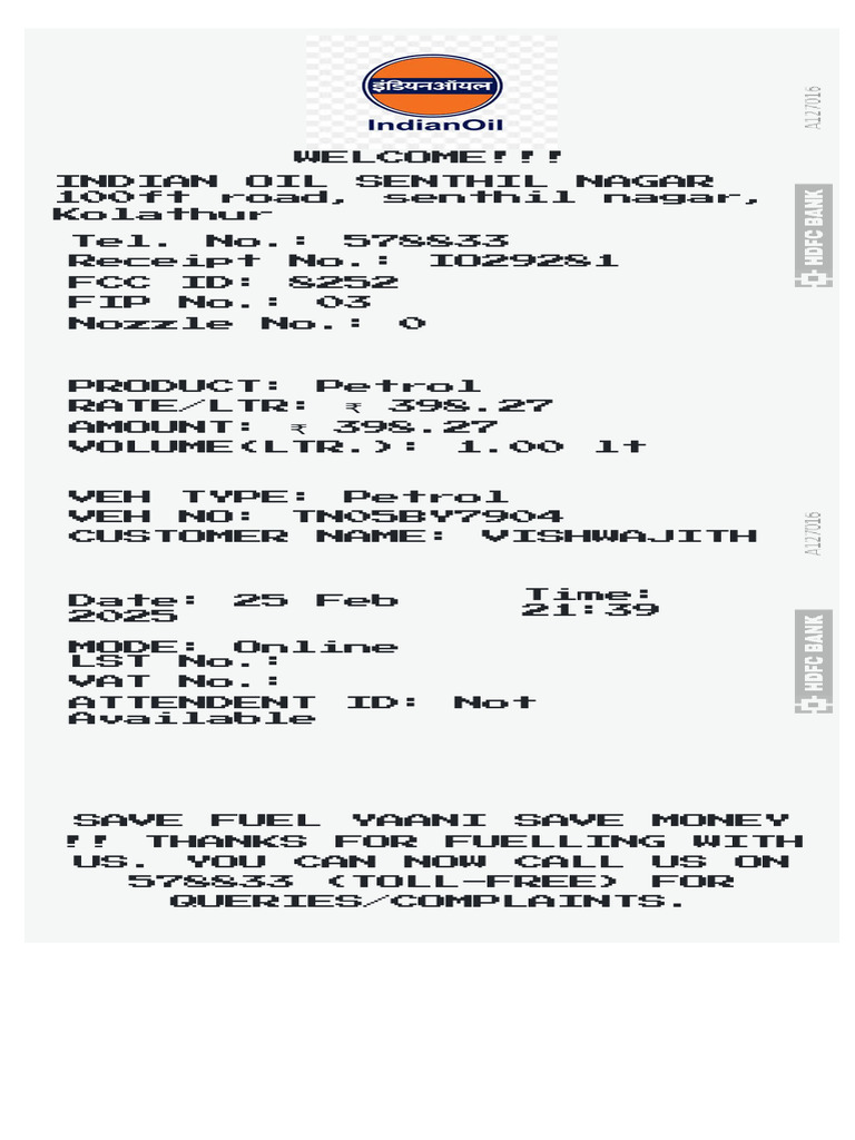 Petrol Purchase Receipt - Senthil Nagar | PDF