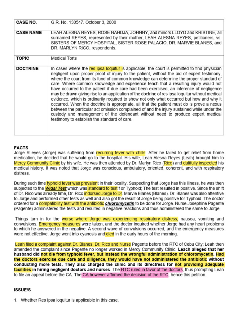 Reyes Et. Al. v. Sisters of Mercy | PDF | Negligence | Physician