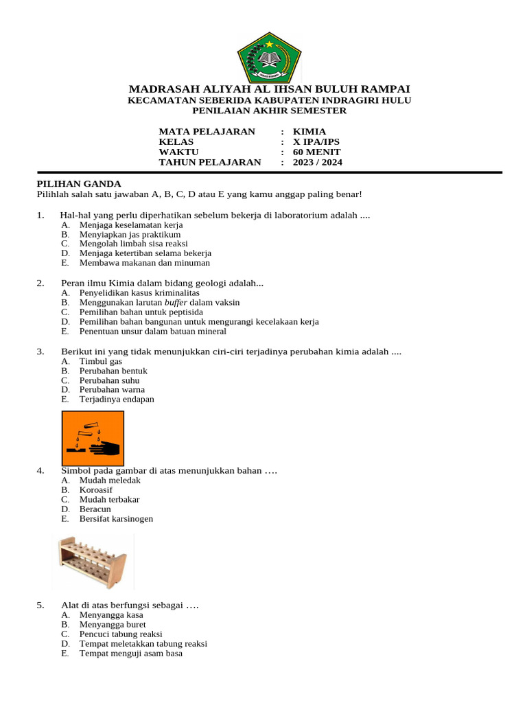 Soal Kimia Kelas 10 (Ganjil) Uas 2023-2024 | PDF