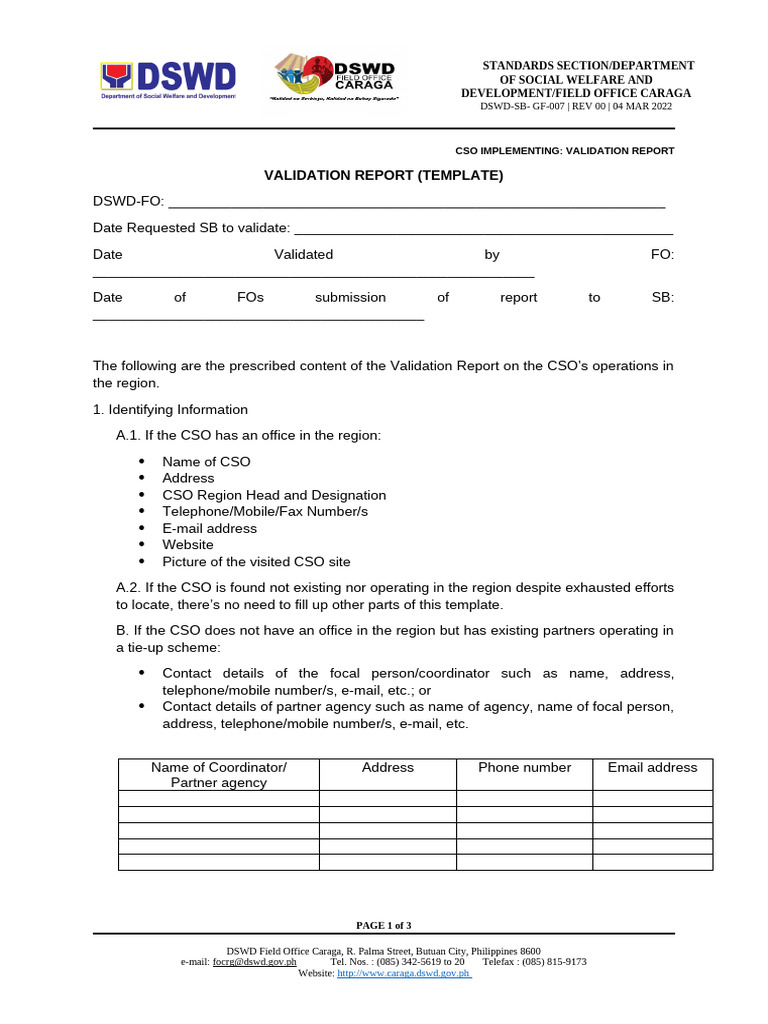 DSWD SB GF 007 Validation Report Template | PDF