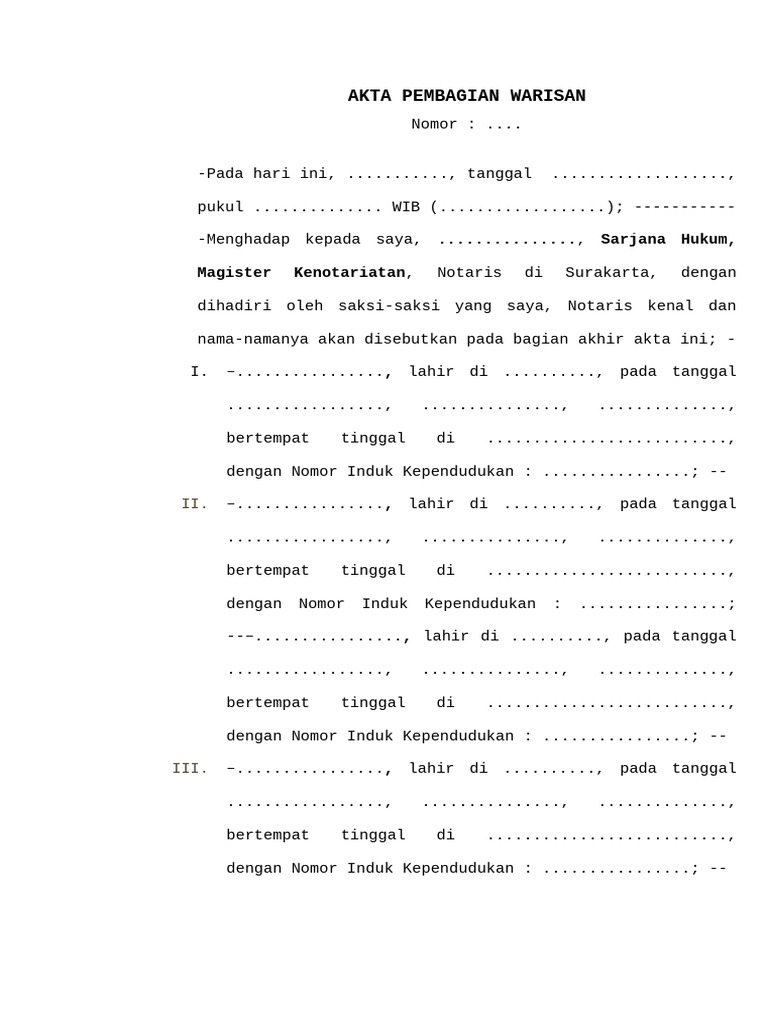 Draft Kosong Akta Pembagian Warisan Tpa Waris BW | PDF
