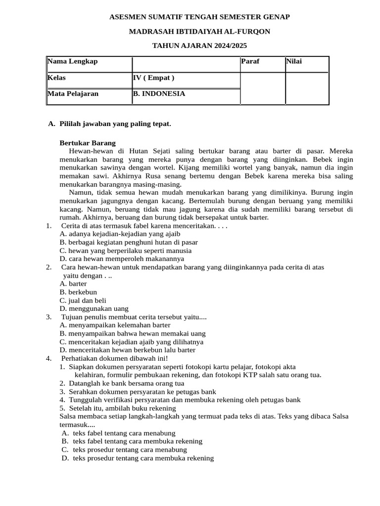 ASESMEN SUMATIF TENGAH SEMESTER GENAP Kelas 4A | PDF