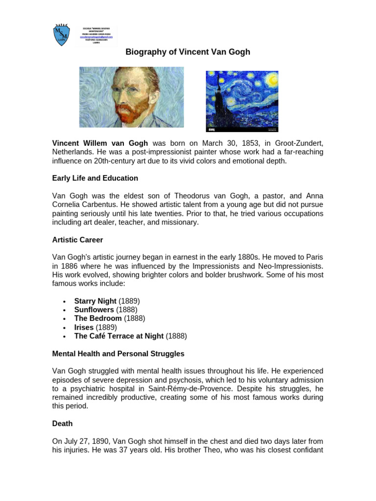 6th Biography of Vincent Van Gogh | PDF | Vincent Van Gogh | Paintings