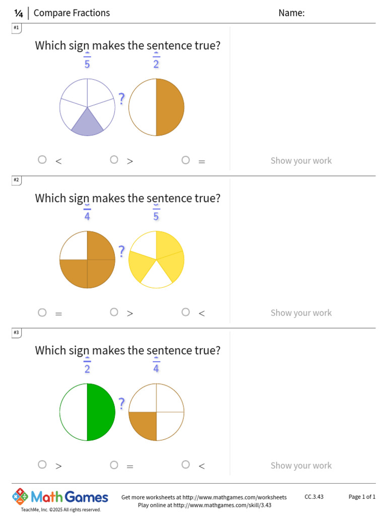 Compare Fractions Worksheet Guide | PDF