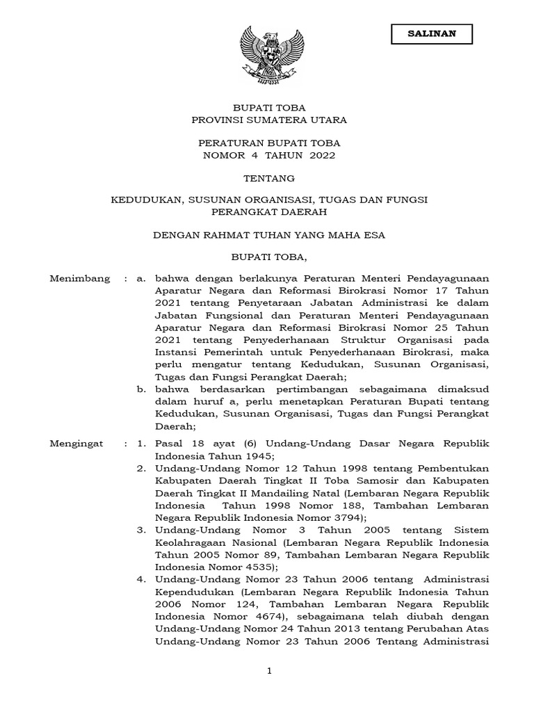 Perbup No. 4 Tahun 2022 - SOTK Toba | PDF