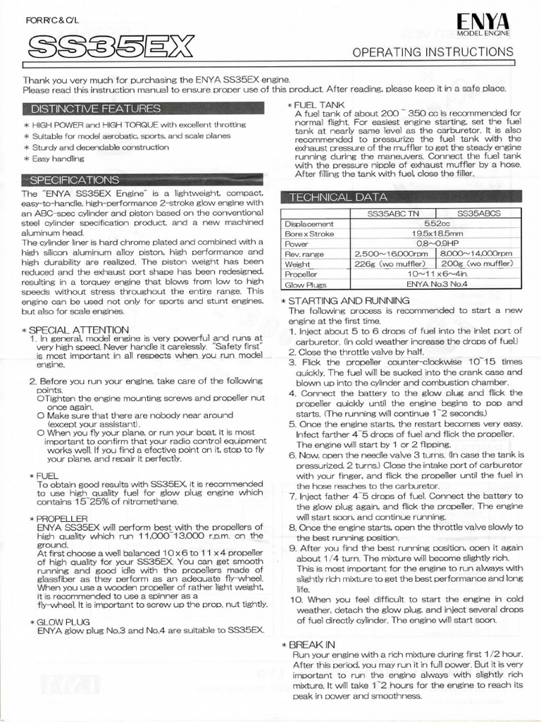 Enya Ss35ex Operating Instructions | PDF | Carburetor | Engines