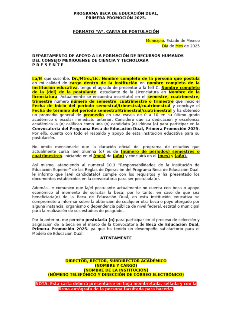 Formato_A_Carta de Postulaci¢n_2025 | PDF