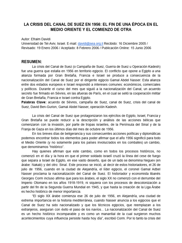 Crisis del Canal de Suez 1956: Impacto y Nacionalismo | PDF | Crisis de ...
