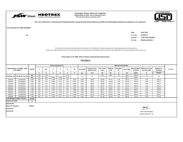 Mill Test Certificate for LRPC Strand | PDF | Mechanical Engineering ...