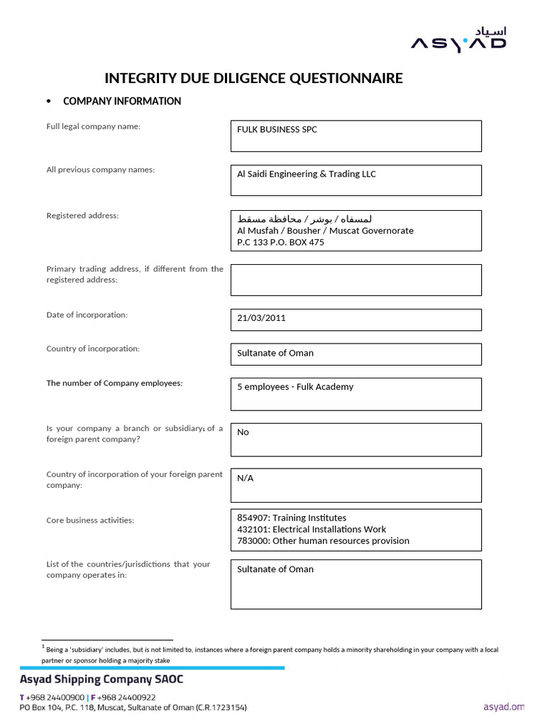 ASYAD Shipping DD Questionnaire | PDF | Office Of Foreign Assets ...
