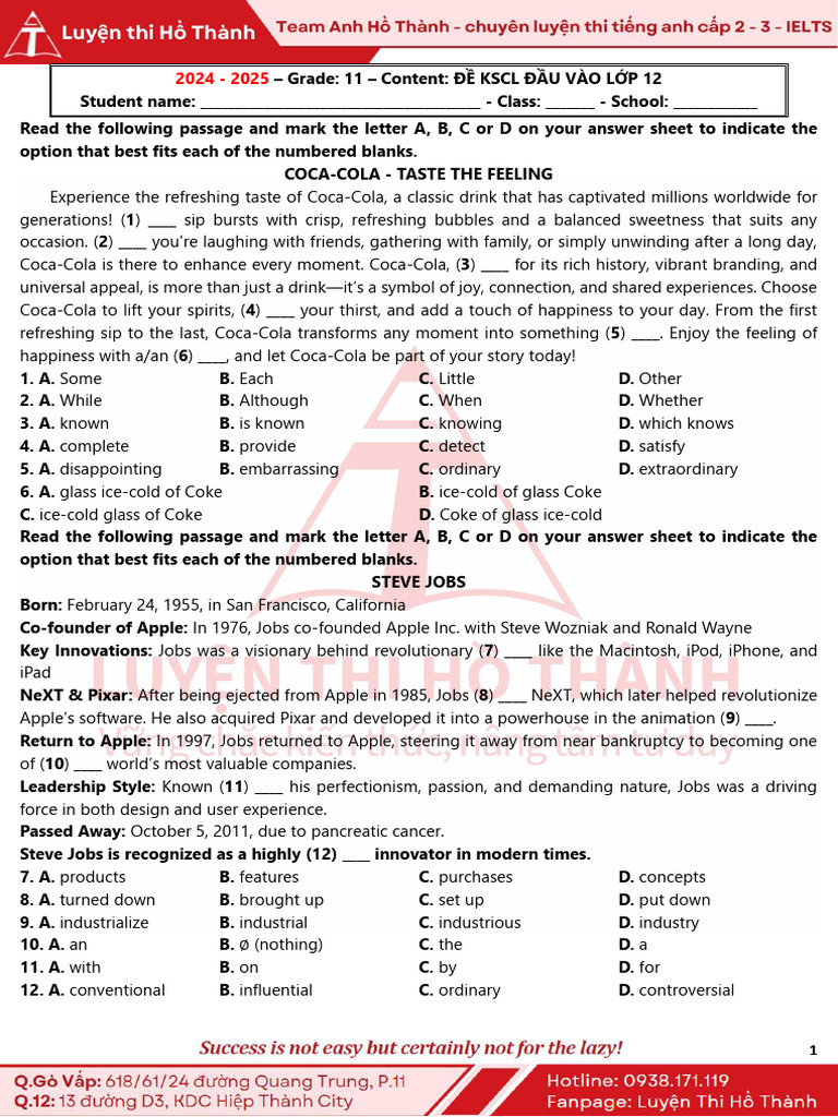 (G11 - ĐỀ KSCL ĐẦU VÀO LỚP 12) - 14-15.4.2025 | PDF | Adolescence | Apple Inc.