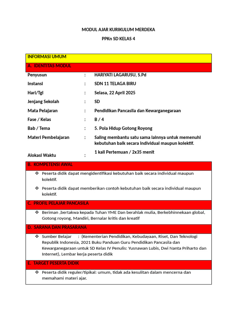Modul Ajar Kurikulum Merdeka RPP Hariyati 2025 | PDF