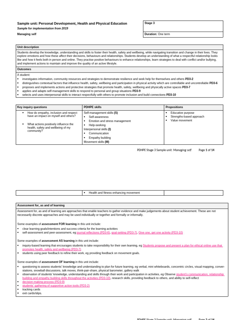 Pdhpe Stage 3 Sample Unit Managing Self | PDF | Emotions | Feeling