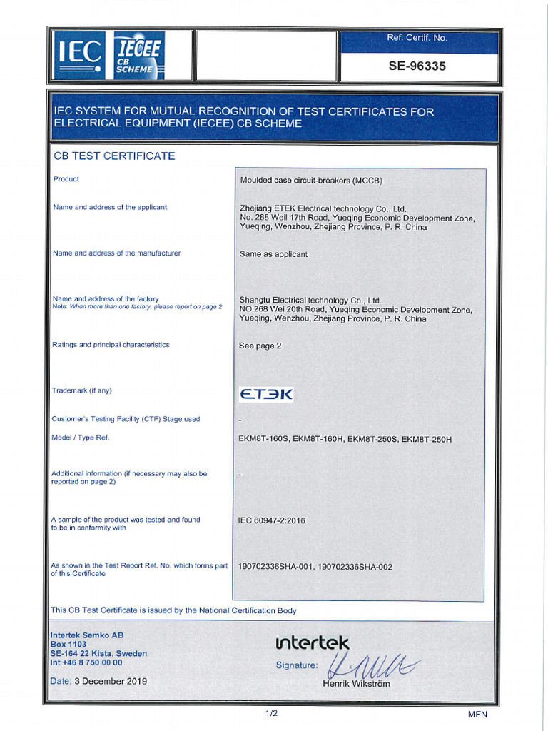 CB Certificate of MCCB EKM8T-160-250 | PDF