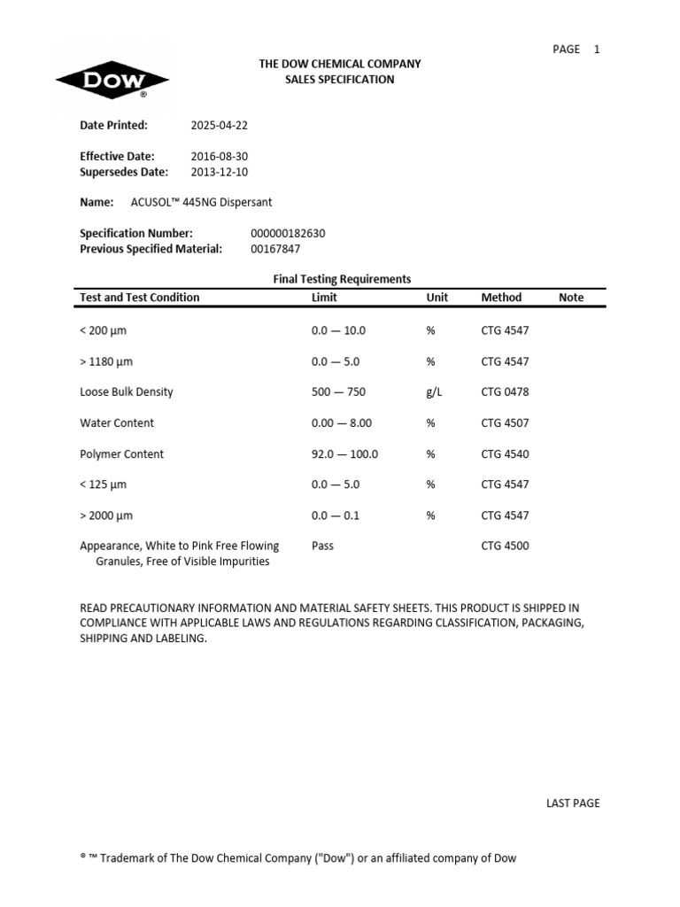 ACUSOL 445NG Dispersant Specifications | PDF