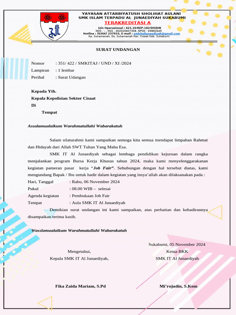 Undangan Job Fair SMK IT Al Junaediyah | PDF