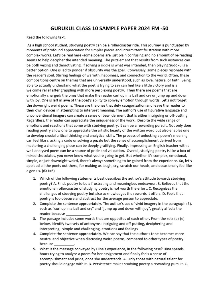 Gurukul Class 10 Sample Paper 2024 FM | PDF | Poetry