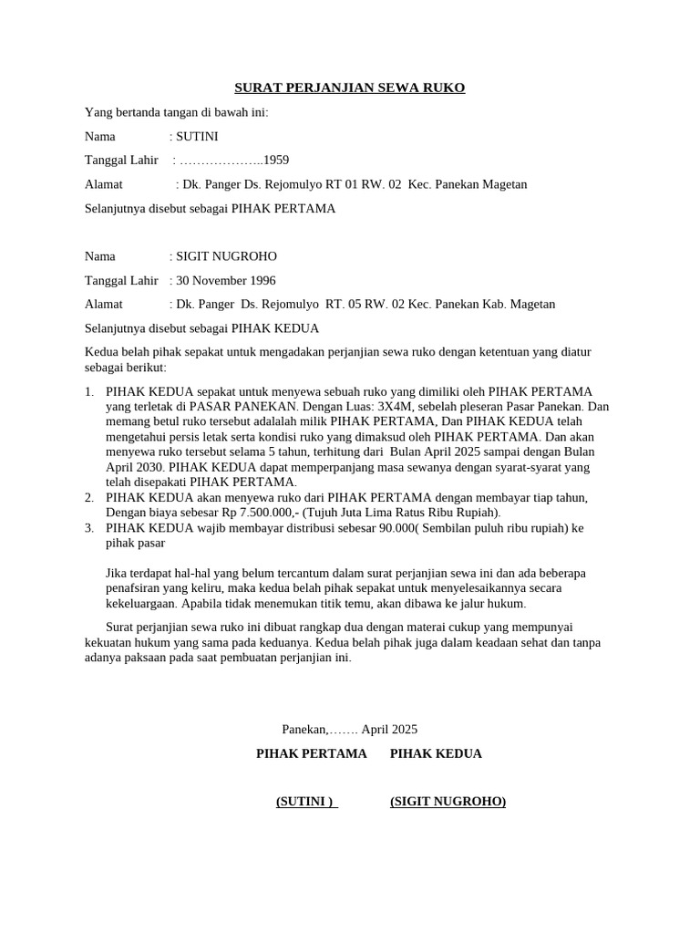 SURAT PERJANJIAN SEWA RUKO | PDF