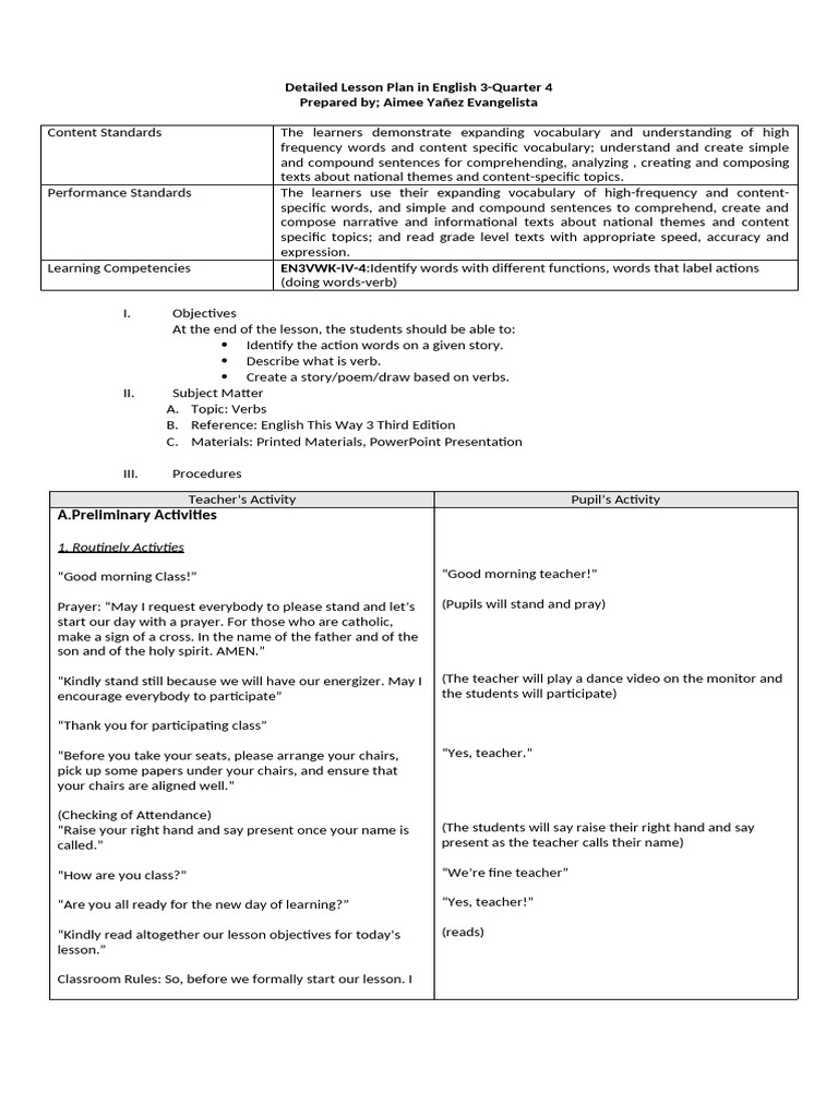 V2.Detailed Lesson Plan in English 3 | PDF | English Language | Lesson Plan