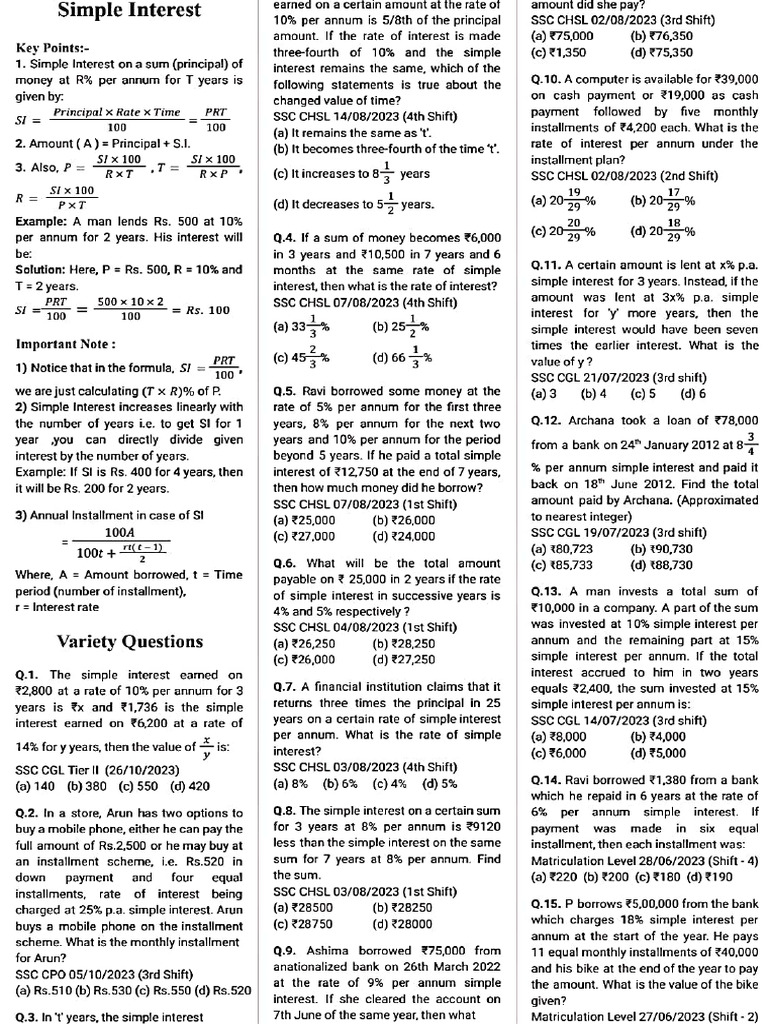 Simple Interest All Previous Year Questions PYQs | PDF
