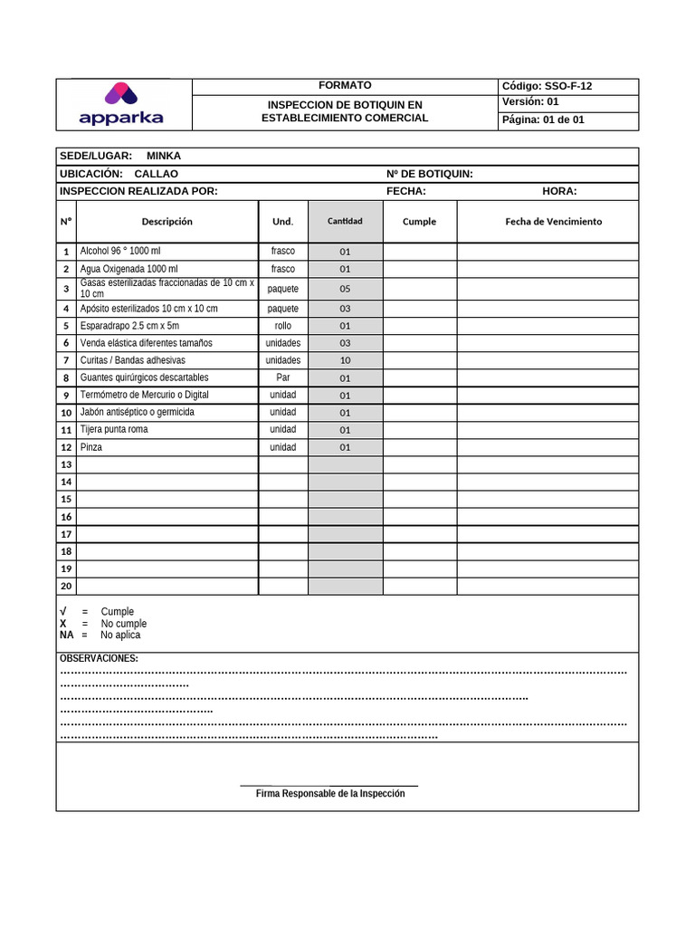 Formato Inspección de Botiquín SSOMA | PDF