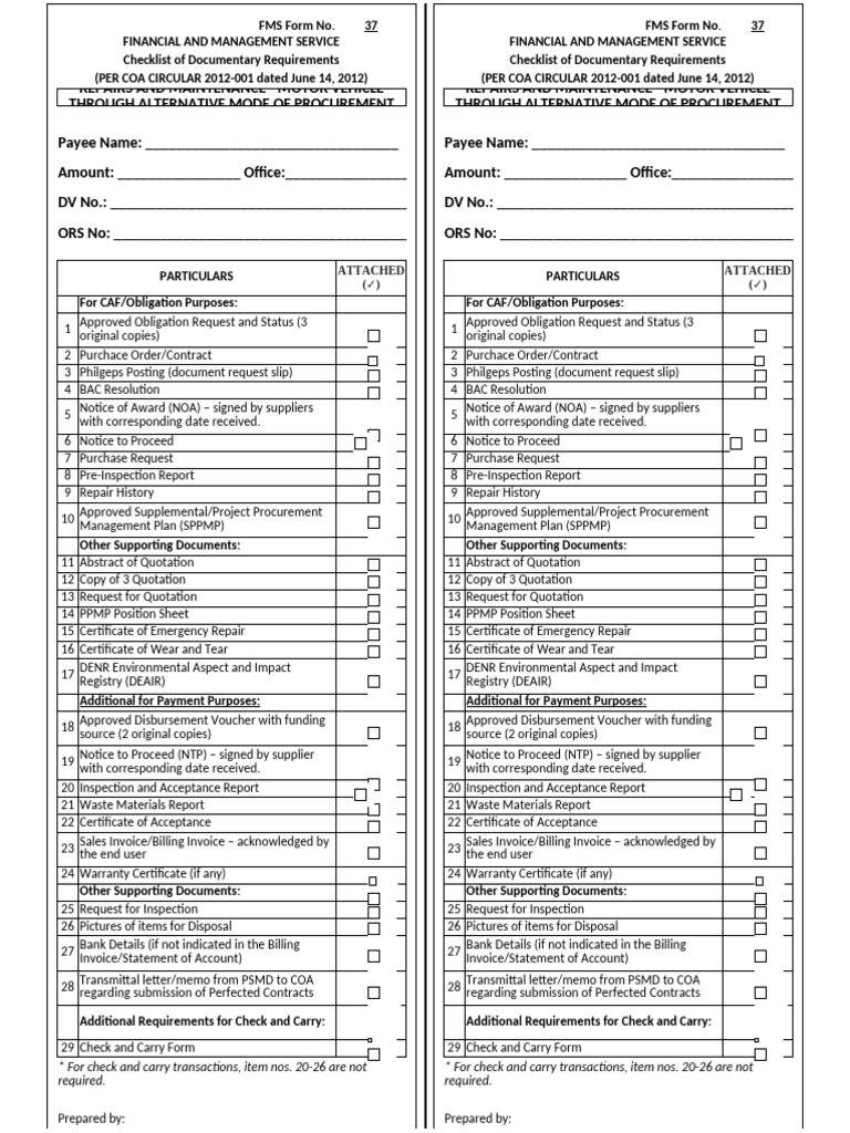 Fms Form No. 37 - Repairs and Maintenance - Motor Vehicle Through ...