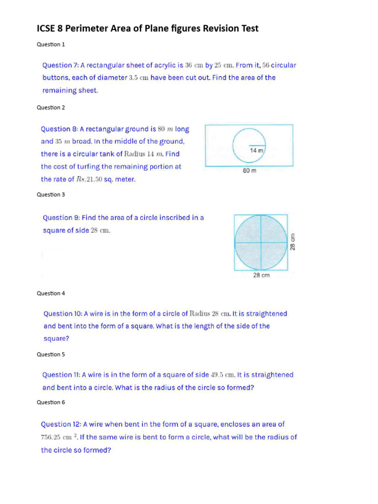 ICSE 8 Perimeter and Area Test | PDF