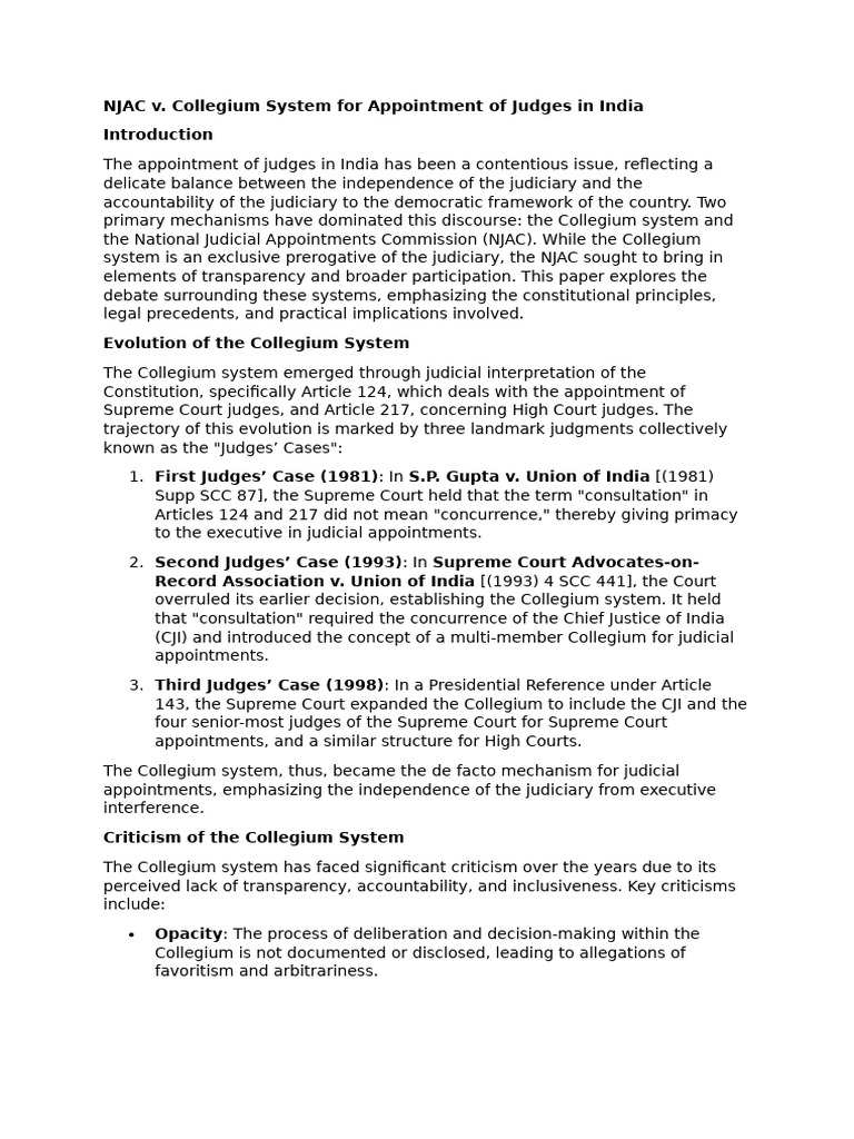 NJAC V Collegium For Appointment of Judges in India | PDF | Supreme ...