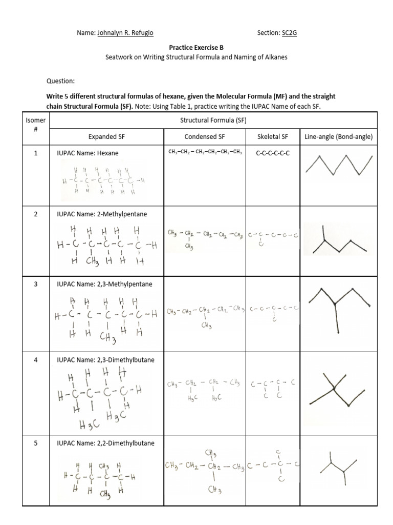 Answer Sheet - Practice Exercise B On Hydrocarbons | PDF