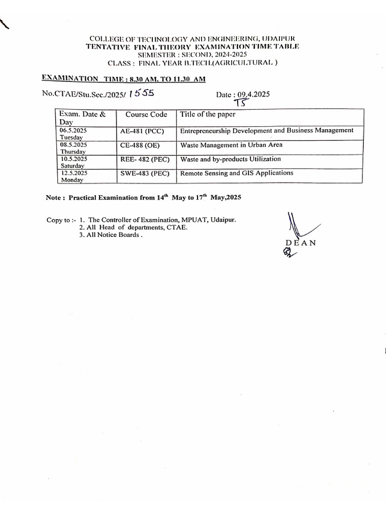 Tentative final theory exam. time table second sem. 2024.25 | PDF