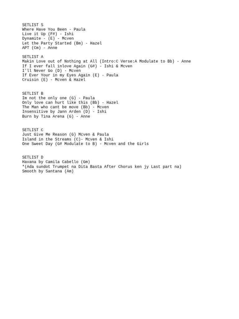 Diverse Music Setlists for Performances | PDF